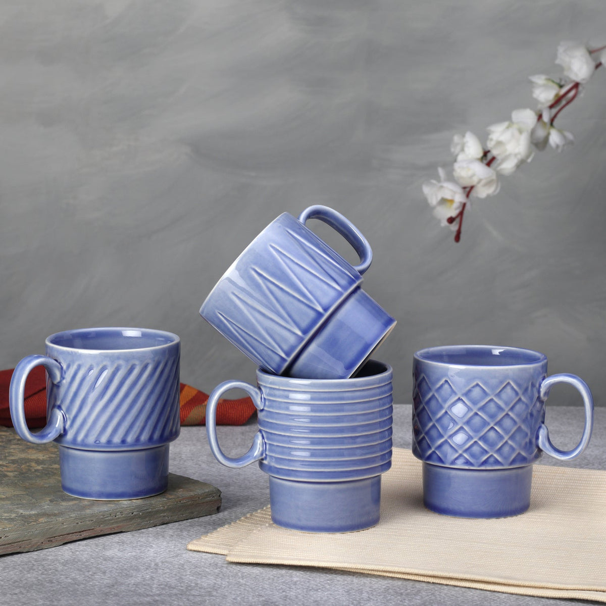 Skylene Ceramic | Emboss | Set of 4 | Mug | 250 ML – Bodhi House